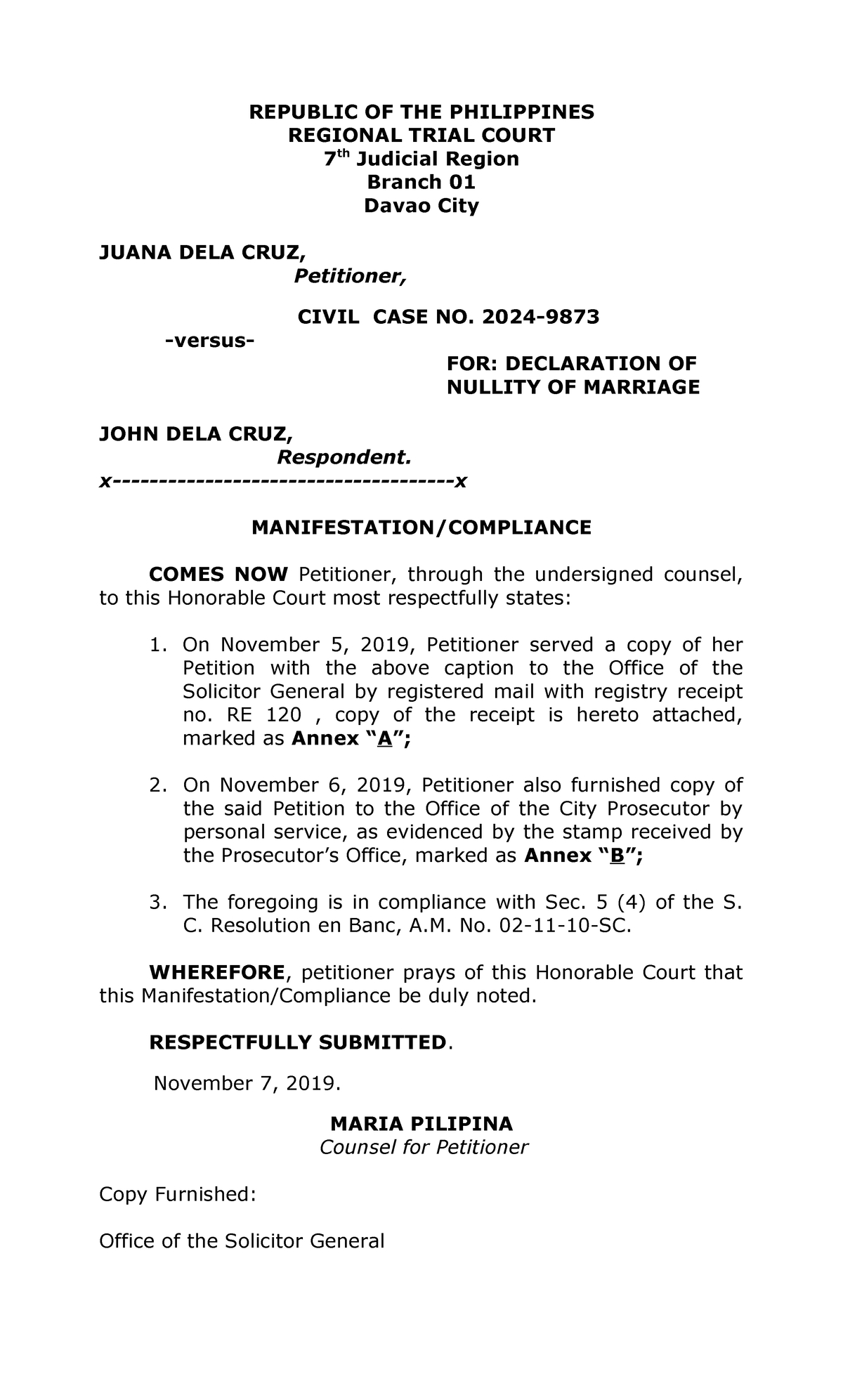 Compliance - REPUBLIC OF THE PHILIPPINES REGIONAL TRIAL COURT 7 th ...