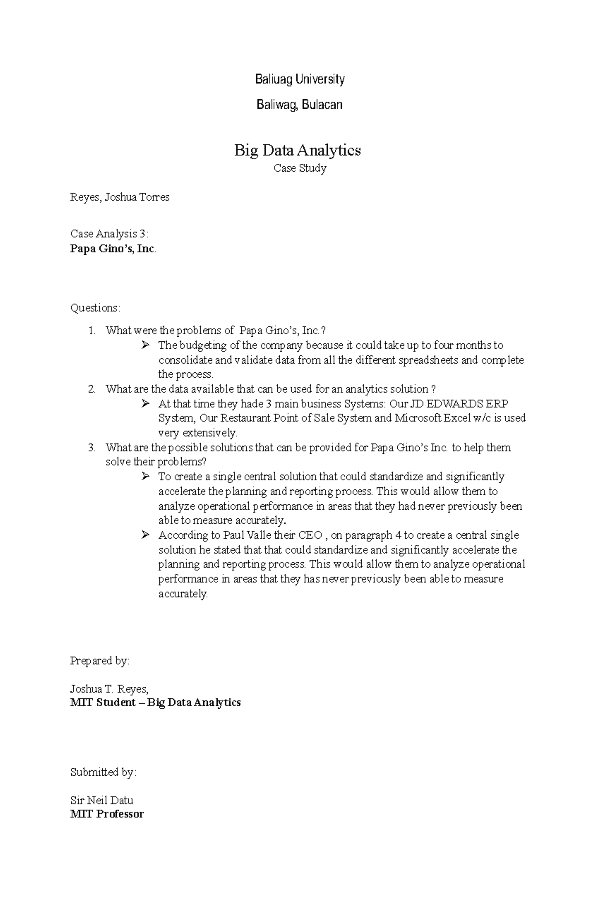 Big Data Analytics - Case Analysis - Baliuag University Baliwag ...