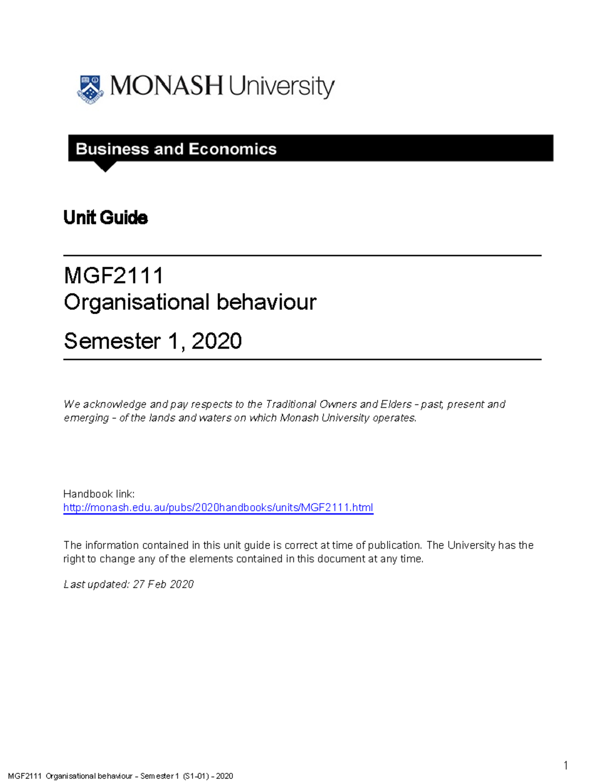 Unit Guide MGF2111 - 1 Unit Guide MGF Organisational behaviour Semester ...