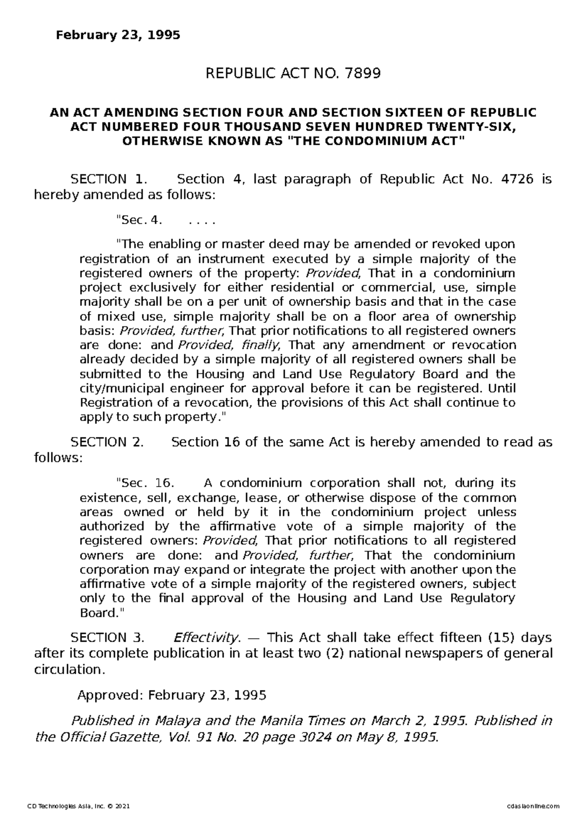 62421-1995-Amendment to R.A - February 23, 1995 REPUBLIC ACT NO. 7899 ...