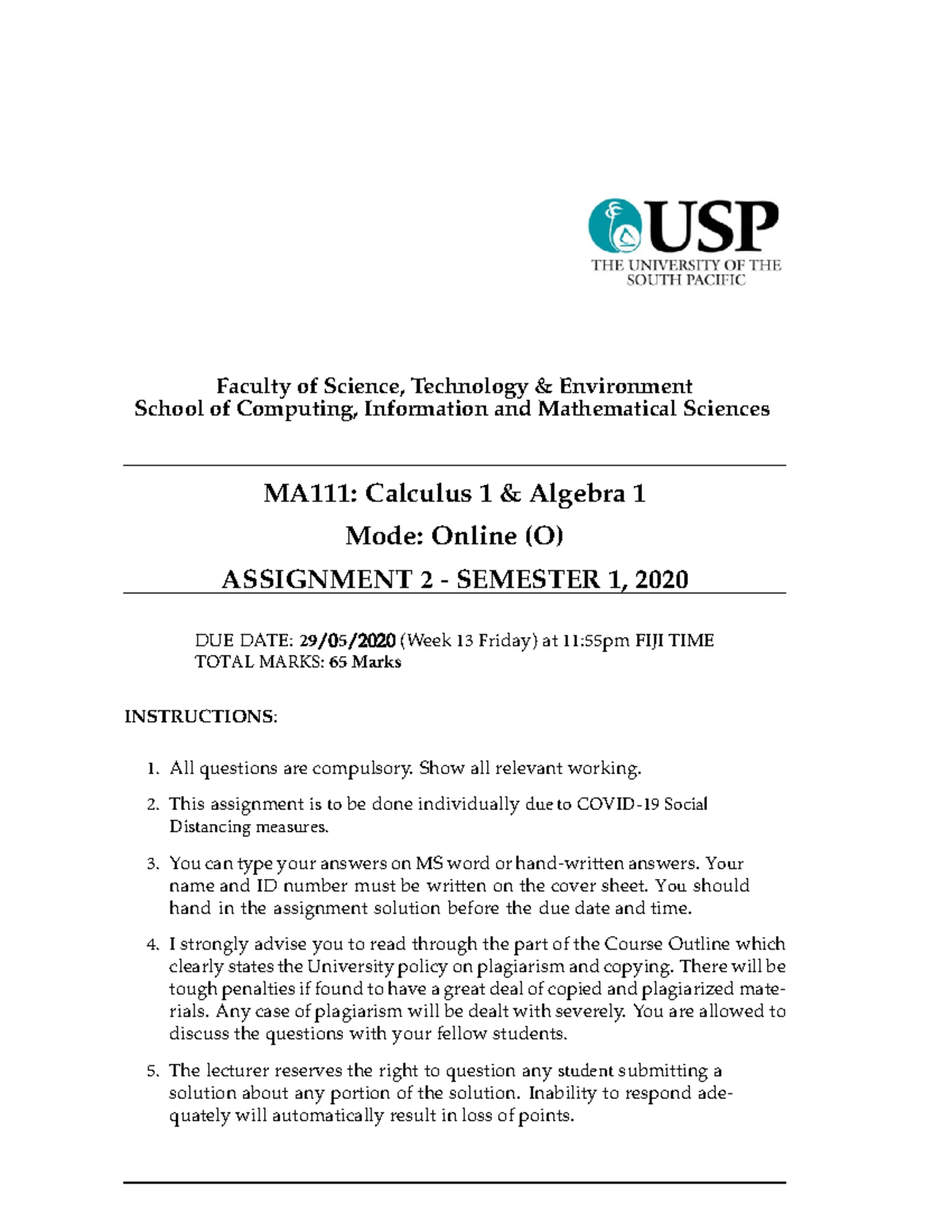 MA111 Assignment 2 Online S1 2020 - Faculty of Science, Technology ...