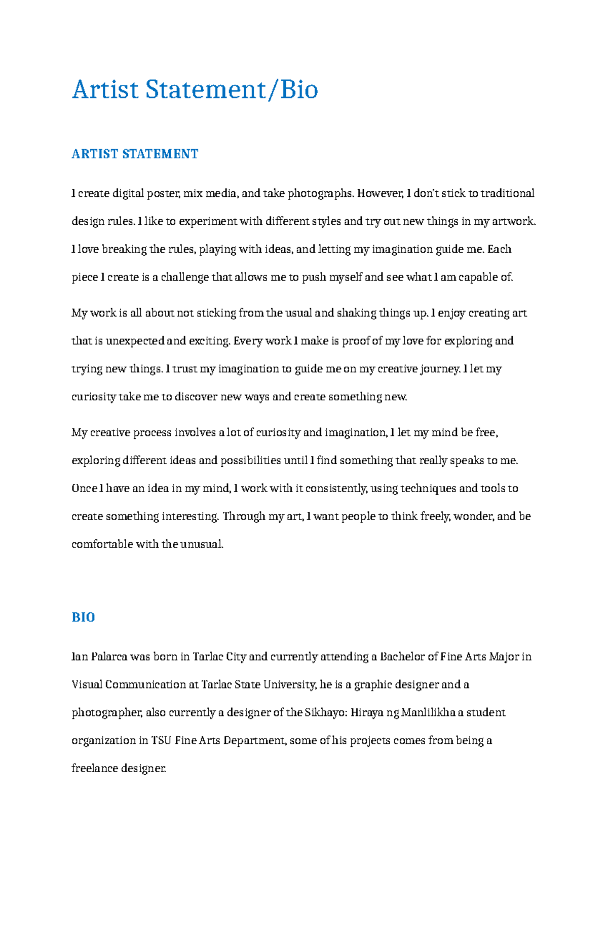 Artisrt Statement Ian Palarca - Artist Statement/Bio ARTIST STATEMENT I ...