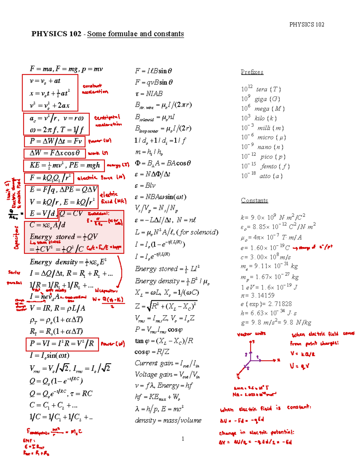 Formula sheet - Copy - PHYSICS 102 1 PHYSICS 102 - Some formulae and constants Prefixes 10 12 ...