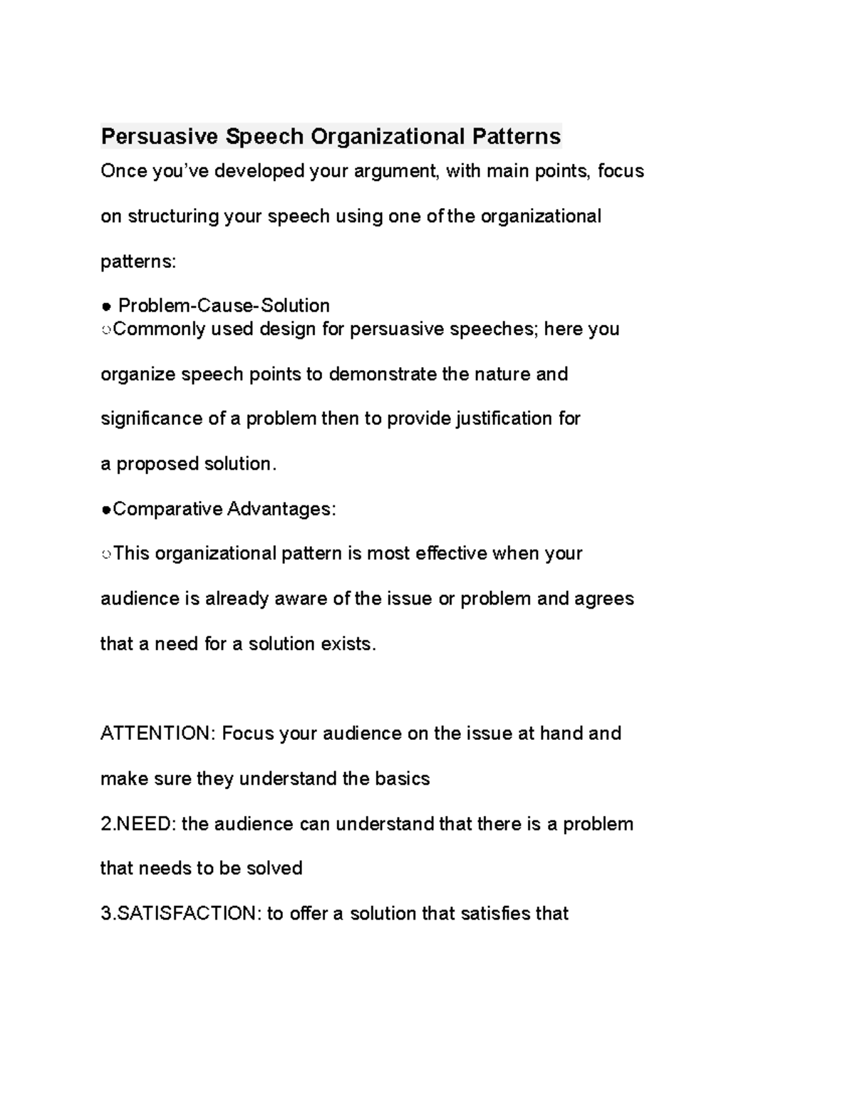 Chapter 17 notes - Persuasive Speech Organizational Patterns Once you ...