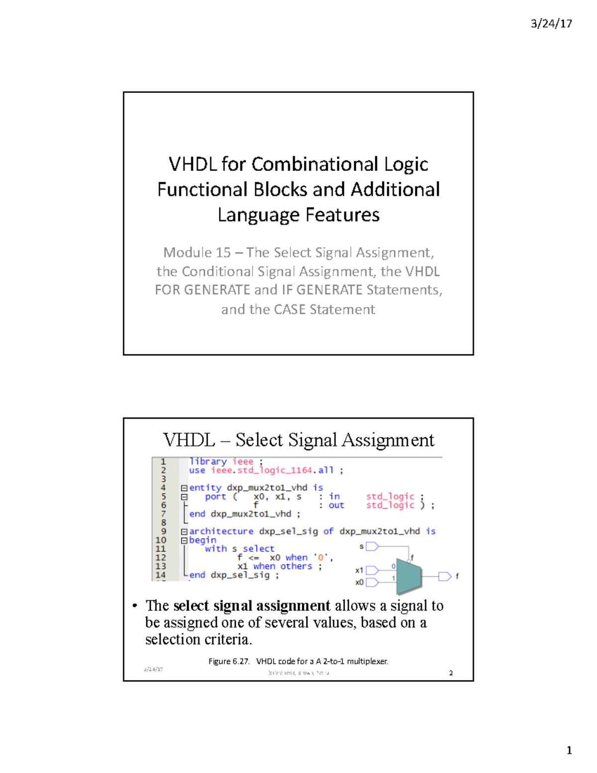 Dxp Lecture Module 15-VHDL4CL - 3/24/17 VHDL for Combinational Logic Functional Blocks and - Studocu