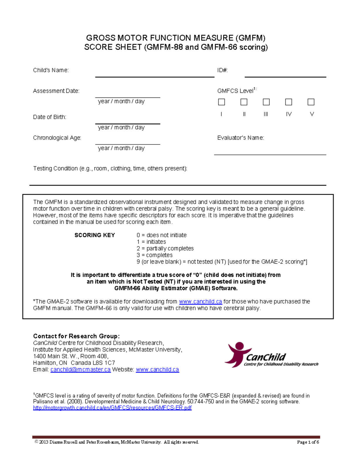 Httpscanchild - GROSS MOTOR FUNCTION MEASURE (GMFM) SCORE SHEET (GMFM ...