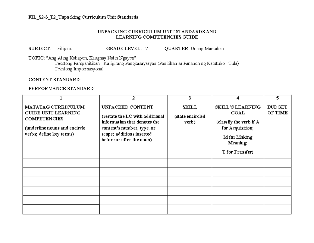FIL S2-3 T2 Unpacking Curriculum Unit Standards - FIL_S2-3_T2_Unpacking ...