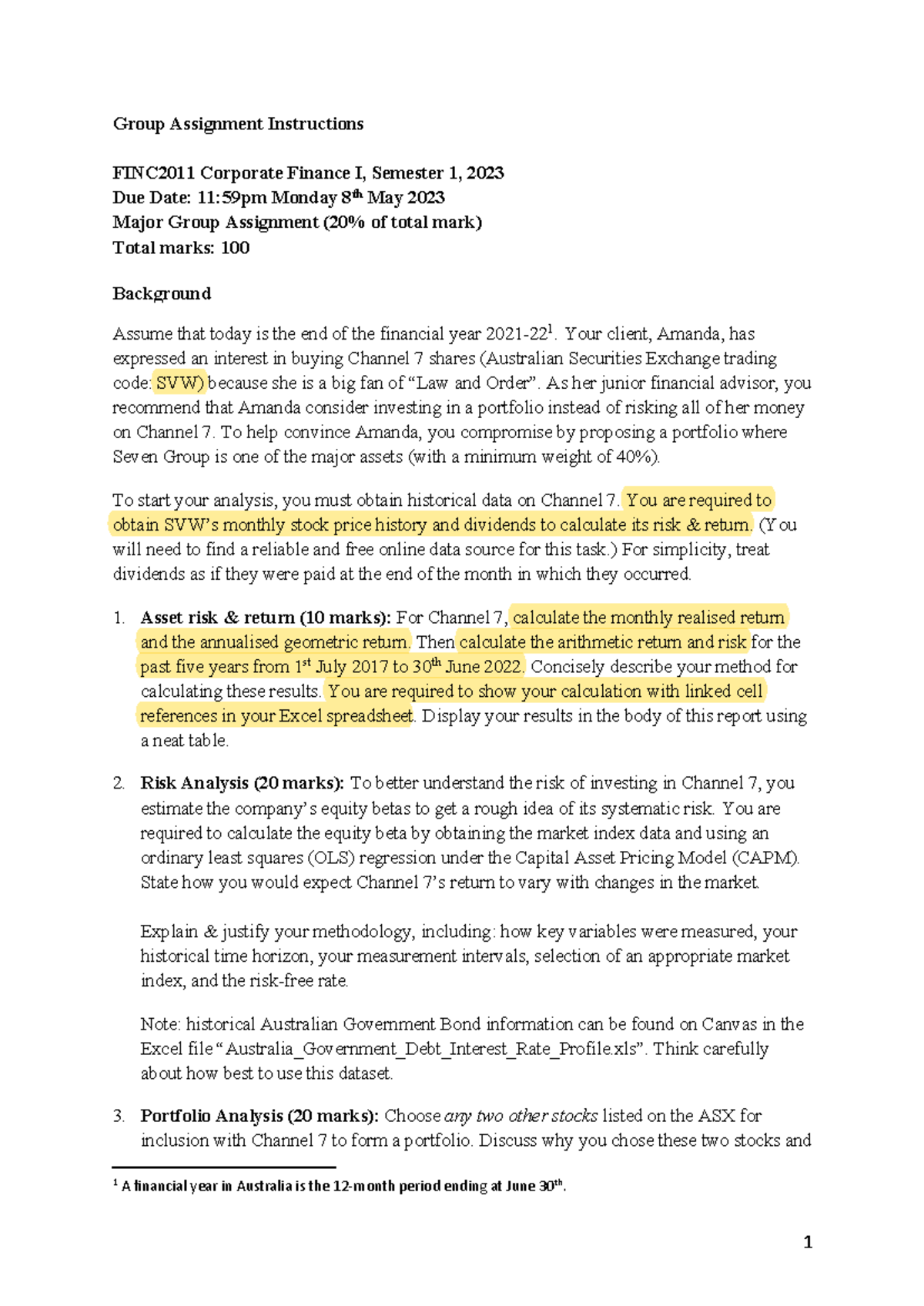 Group Assignment FINC2011 Group Assignment 2023-1 - Group Assignment Instructions FINC2011 ...