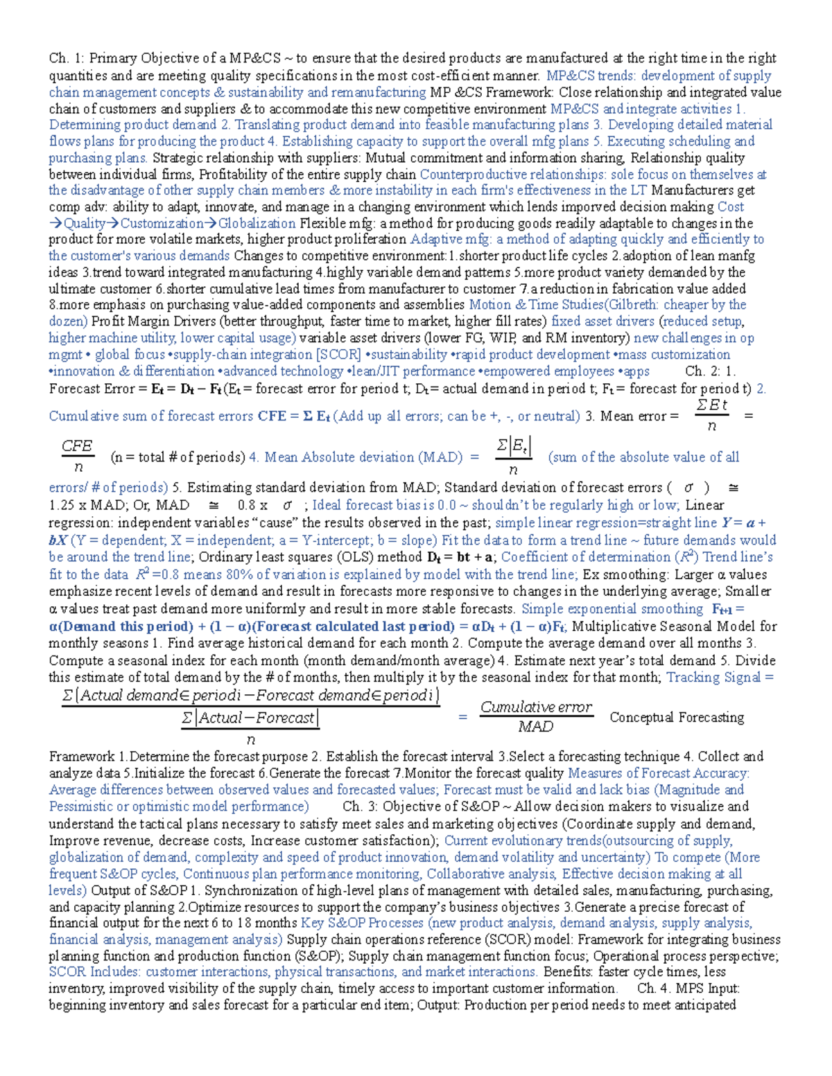 OSCM 4010 Test 1 Notes Sheet - Ch. 1: Primary Objective of a MP&CS ~ to ...