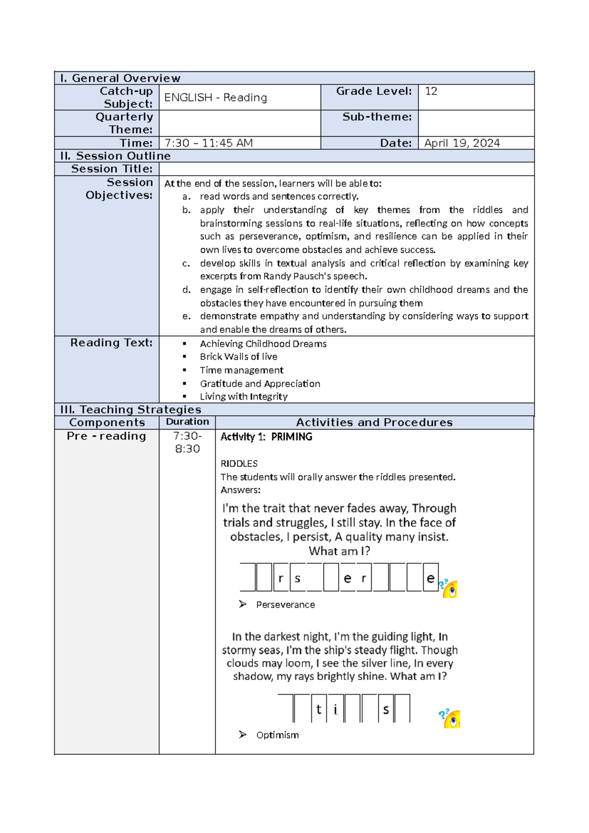Grade 12 catch up friday DLL April 19 - I. General Overview Catch-up ...