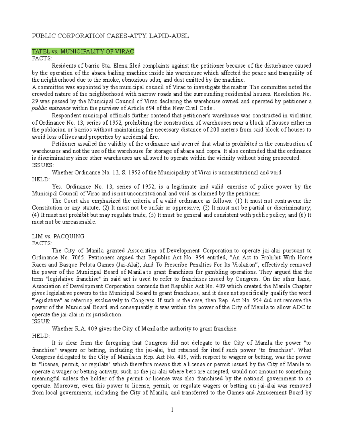 Public Corp Digests Local Government Code Reviewer; Public Corporation ...