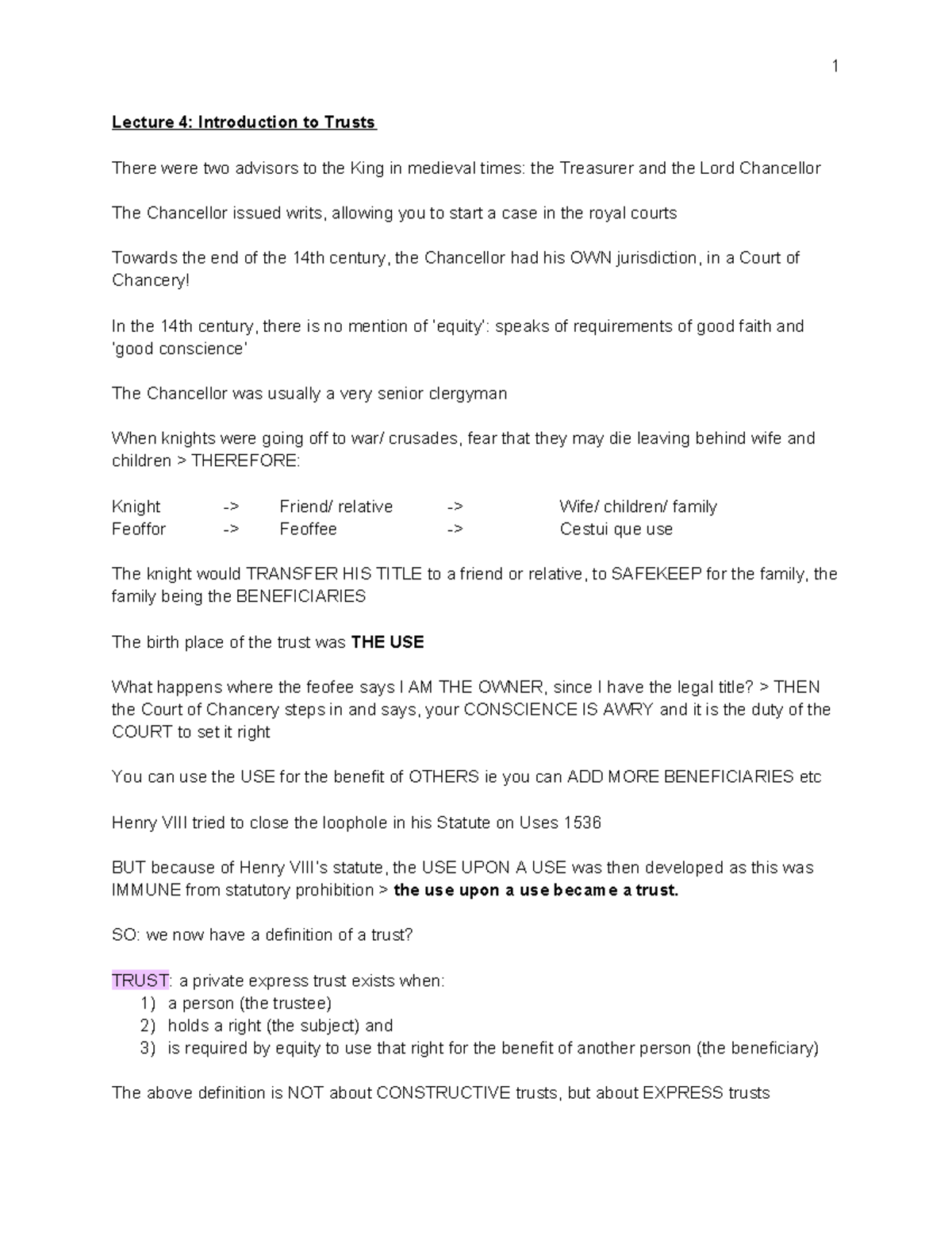 Lecture 4 Introduction to Trusts - Lecture 4: Introduction to Trusts There were two advisors to ...