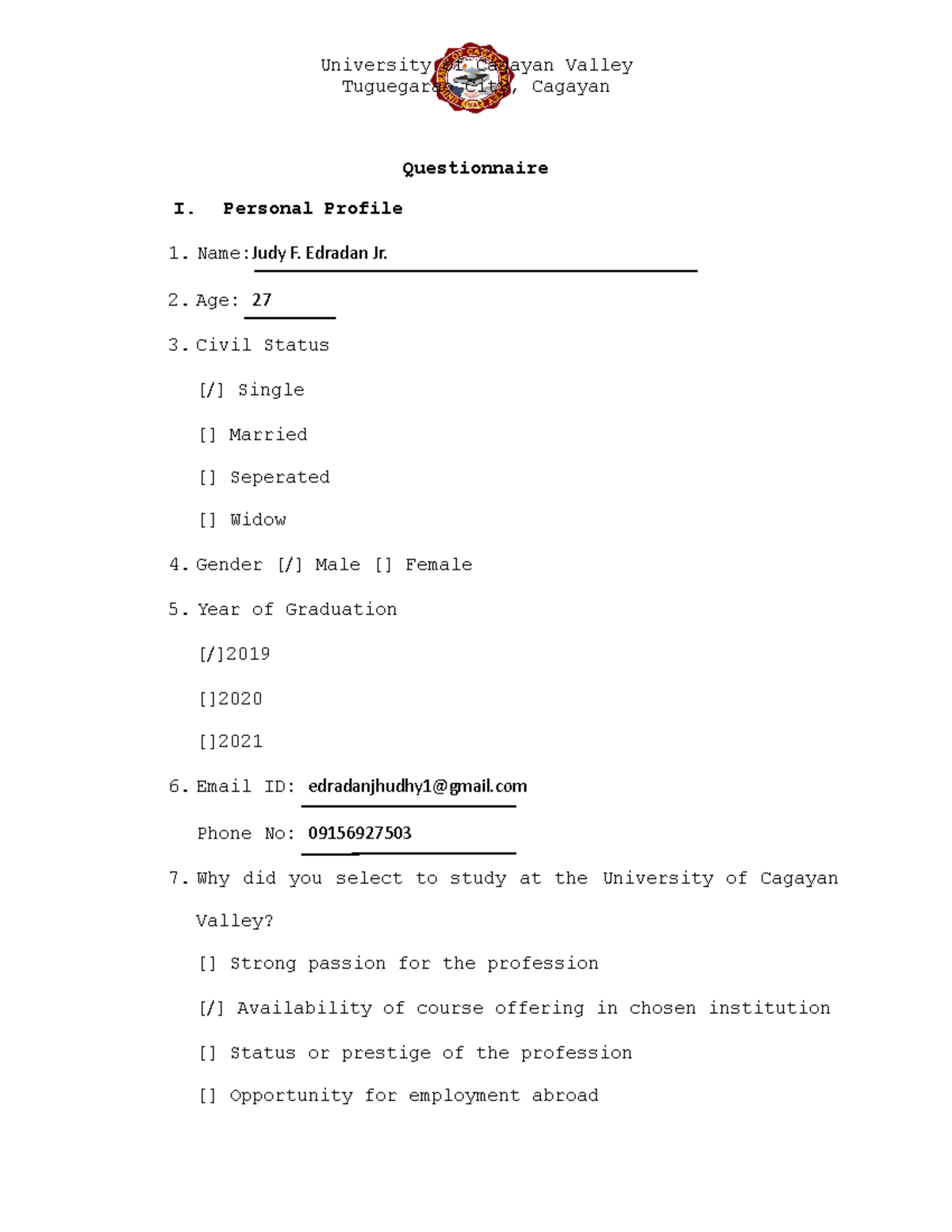 Questionnaire - Research - Tuguegarao City, Cagayan Questionnaire I ...