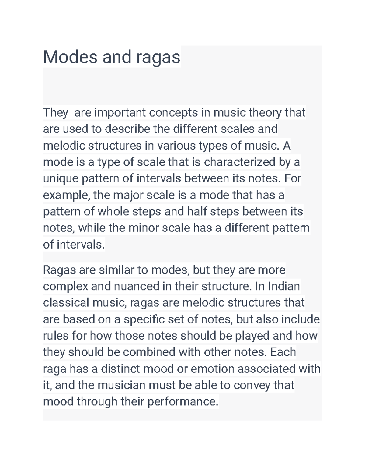 Modes and Ragas - kind of summary of the topic - Modes and ragas They ...