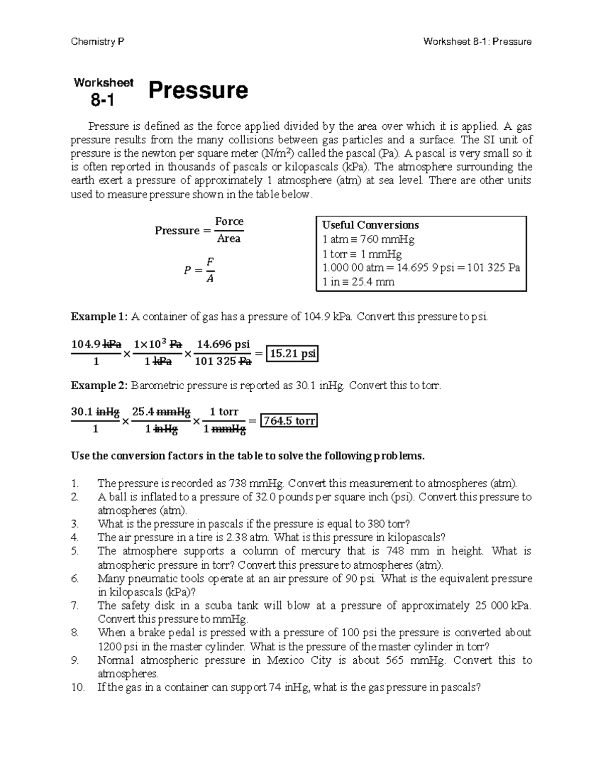 8-1 worksheet pressure - Chemistry P Worksheet 8-1: Pressure Worksheet ...