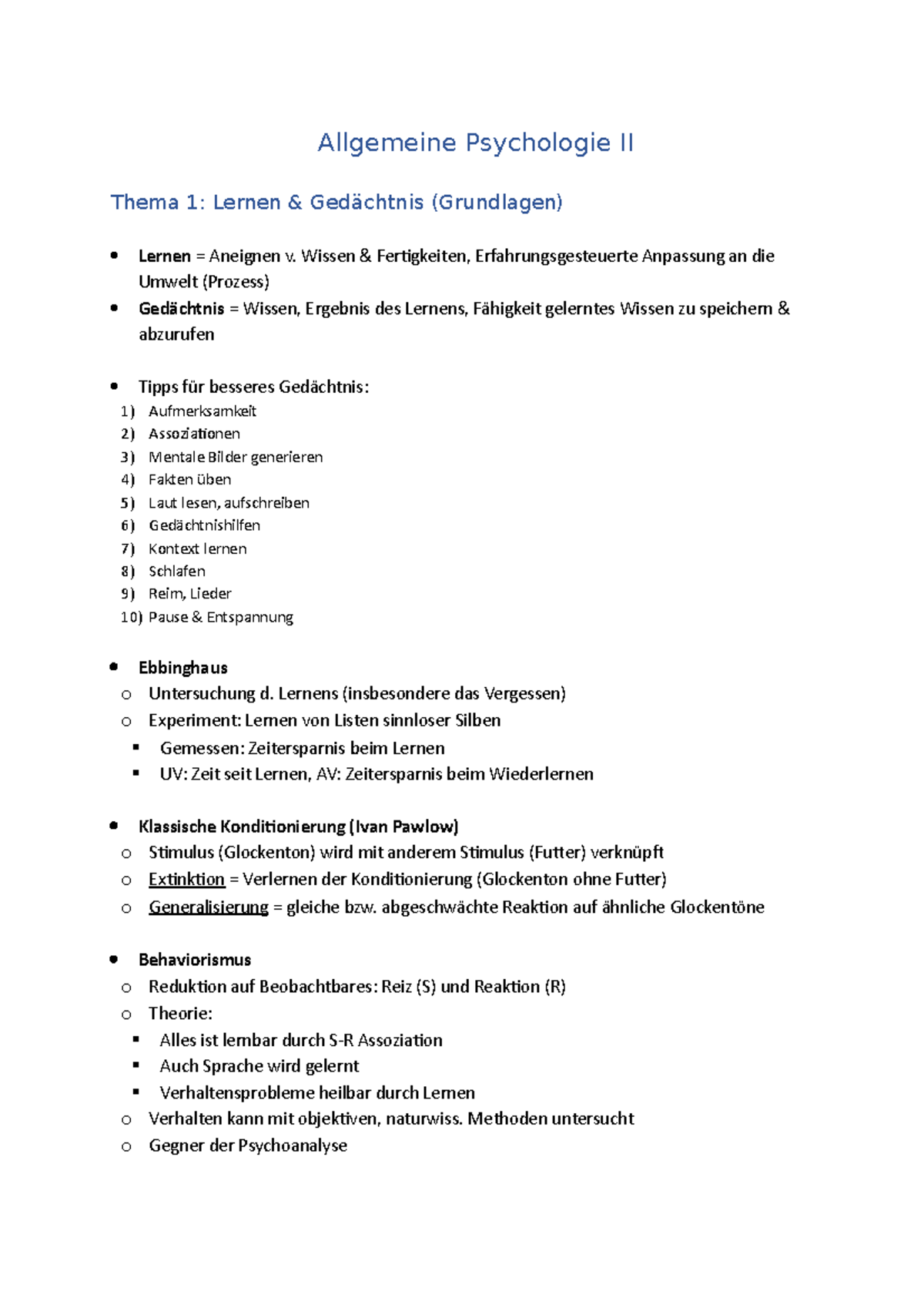 Allgemeine Psychologie II - Allgemeine Psychologie II Thema 1: Lernen & Gedächtnis (Grundlagen ...