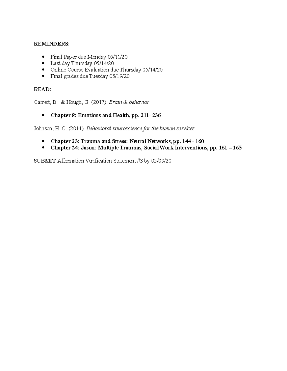 Overview 7 - REMINDERS: Final Paper due Monday 05/11/ Last day Thursday ...