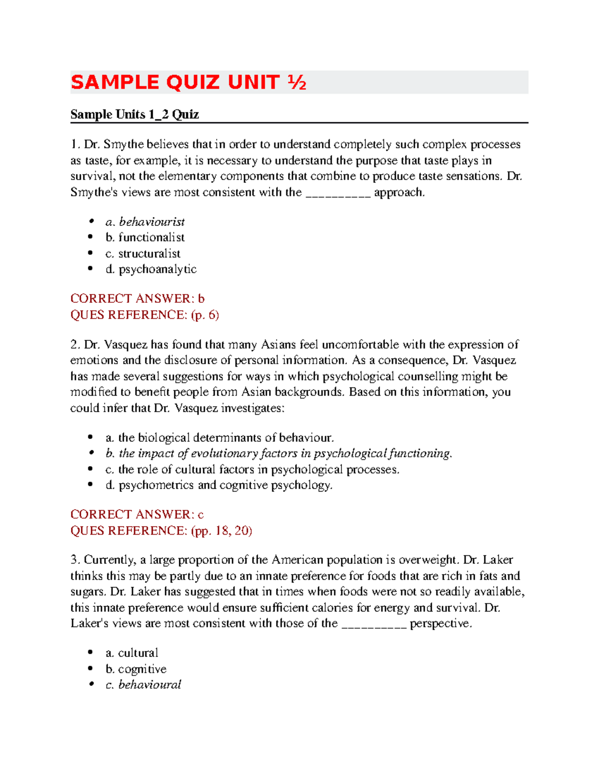 Bunch of diff quizes with answers - SAMPLE QUIZ UNIT ½ Sample Units 1_2 ...