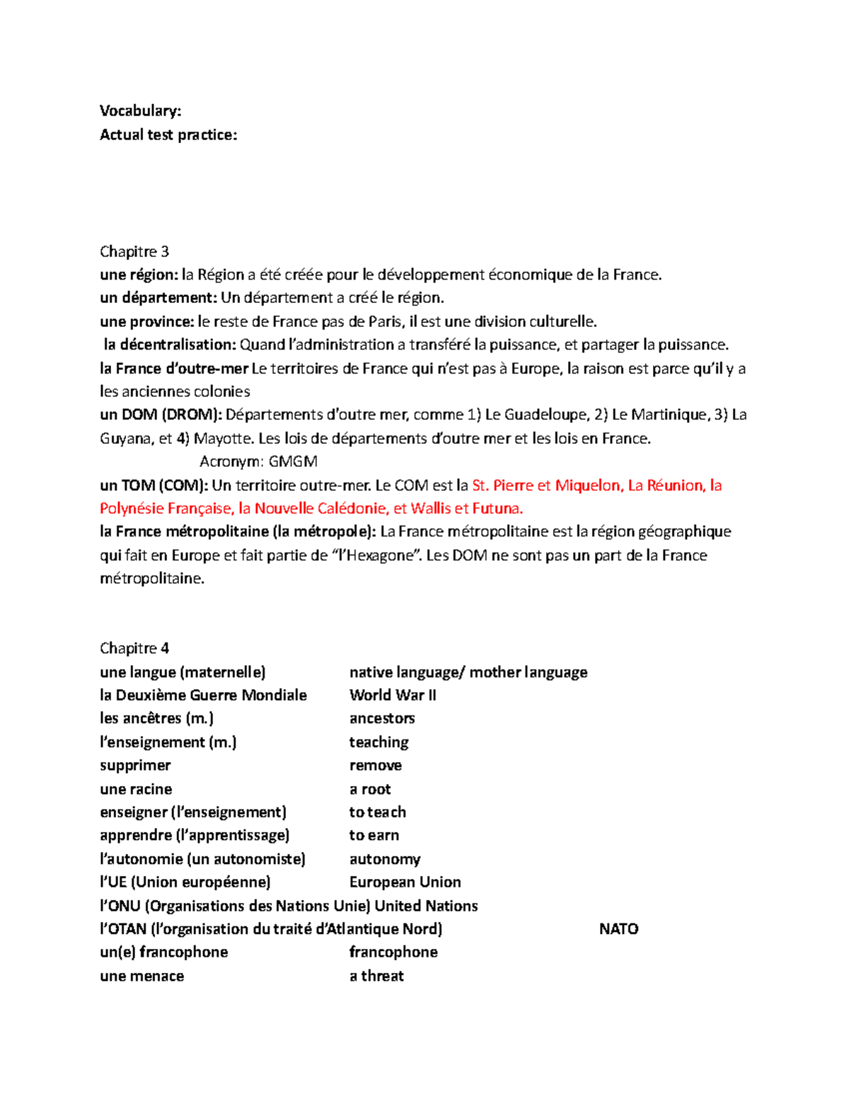 Advanced french I - Vocabulary: Actual test practice: Chapitre 3 une ...