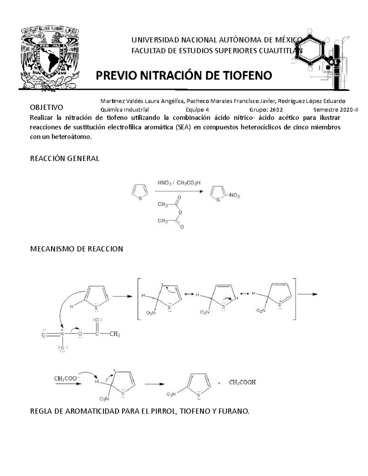 Previo Nitración DE Tiofeno - Química Orgánica Fís1203 - StuDocu