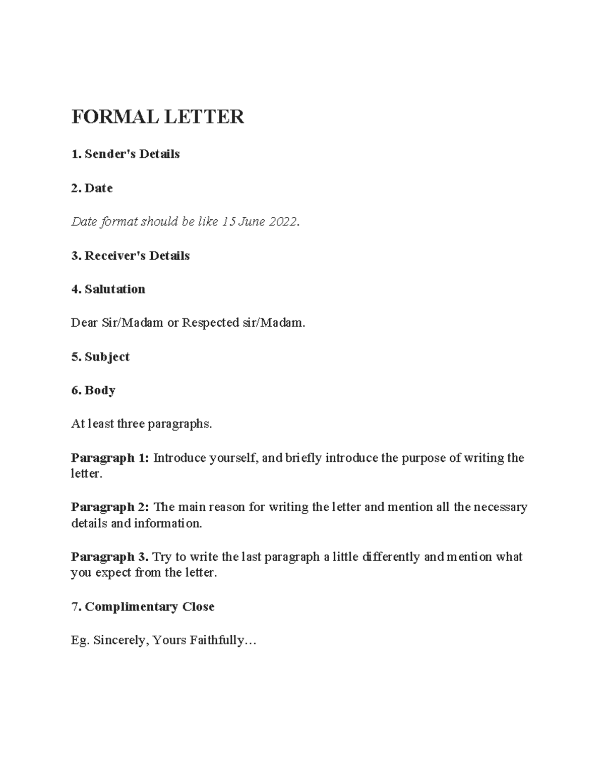 Letter Writing doc - FORMAL LETTER Sender's Details Date Date format ...