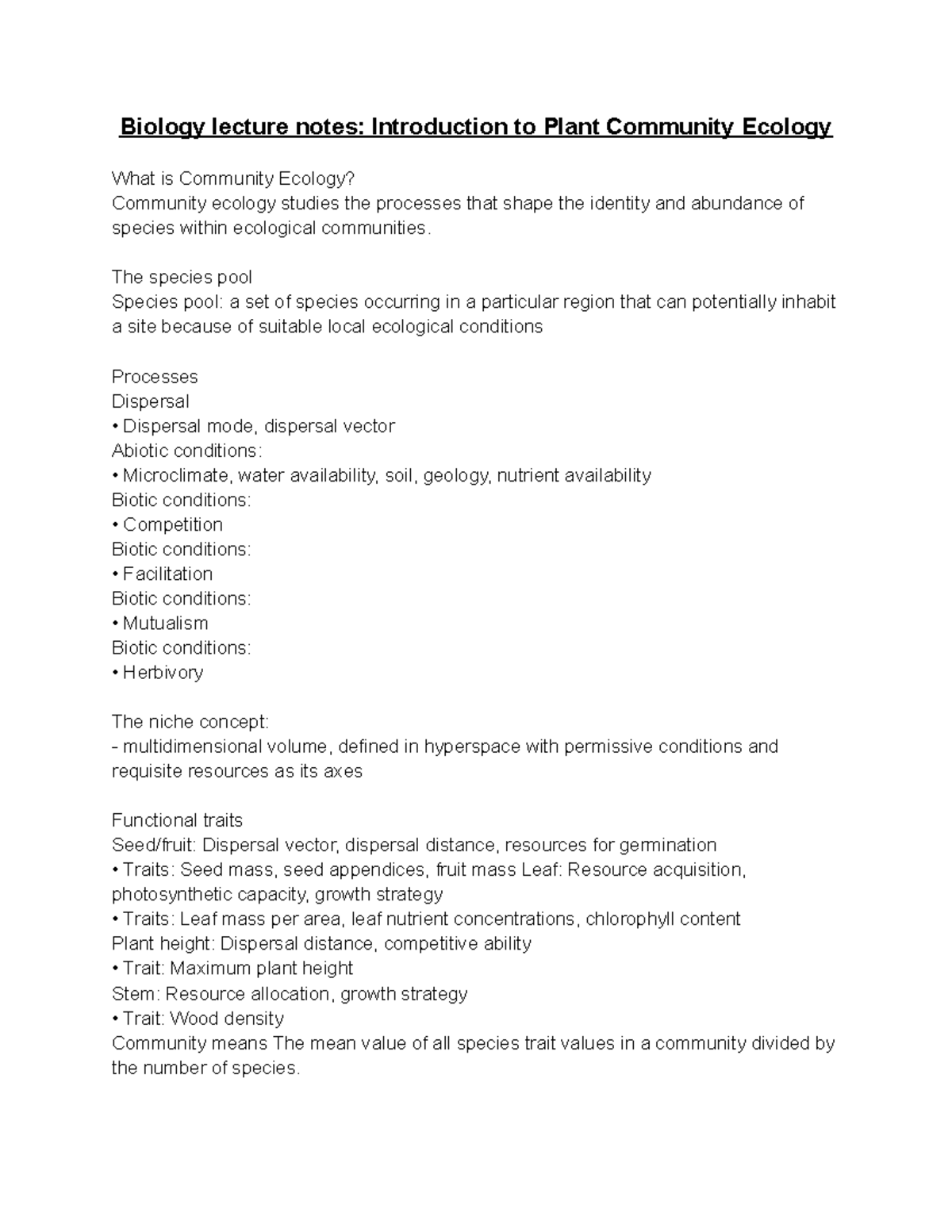 Biology lecture notes Introduction to Plant Community Ecology - The ...