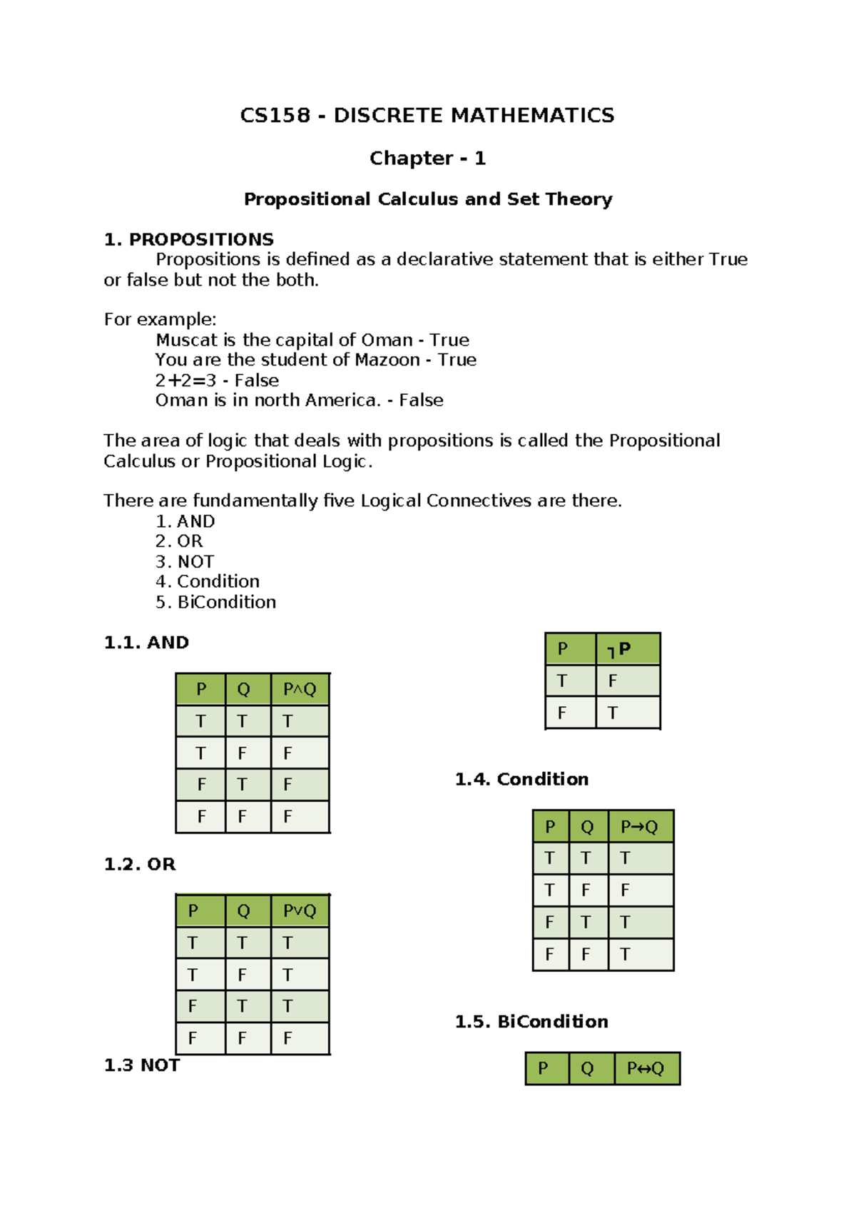 Chapter 1 - Propositional Calculus and Set Theory - CS158 - DISCRETE ...