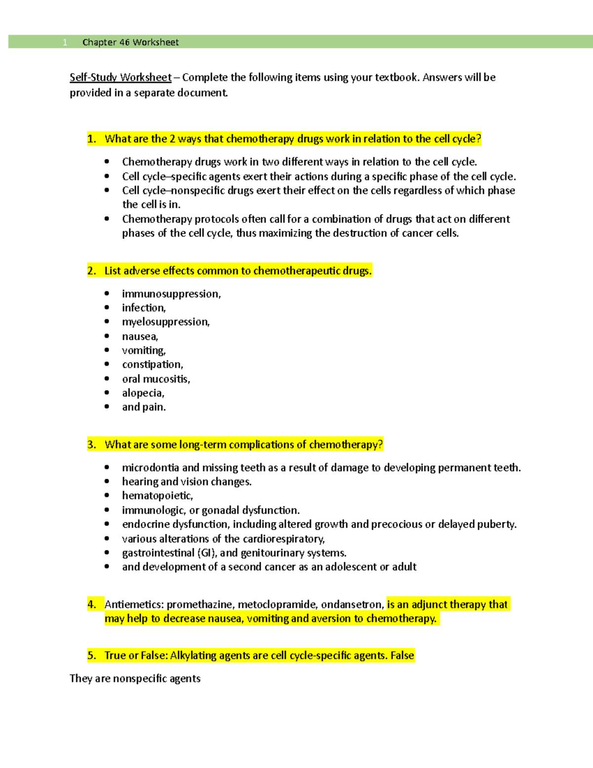 Self-Study Worksheet Chemotherapy key points - Self-Study Worksheet ...