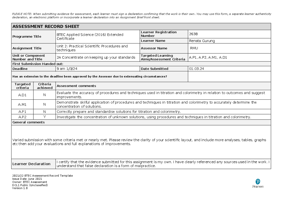 2A assessment outcome header sheet copy - declaration, an electronic ...