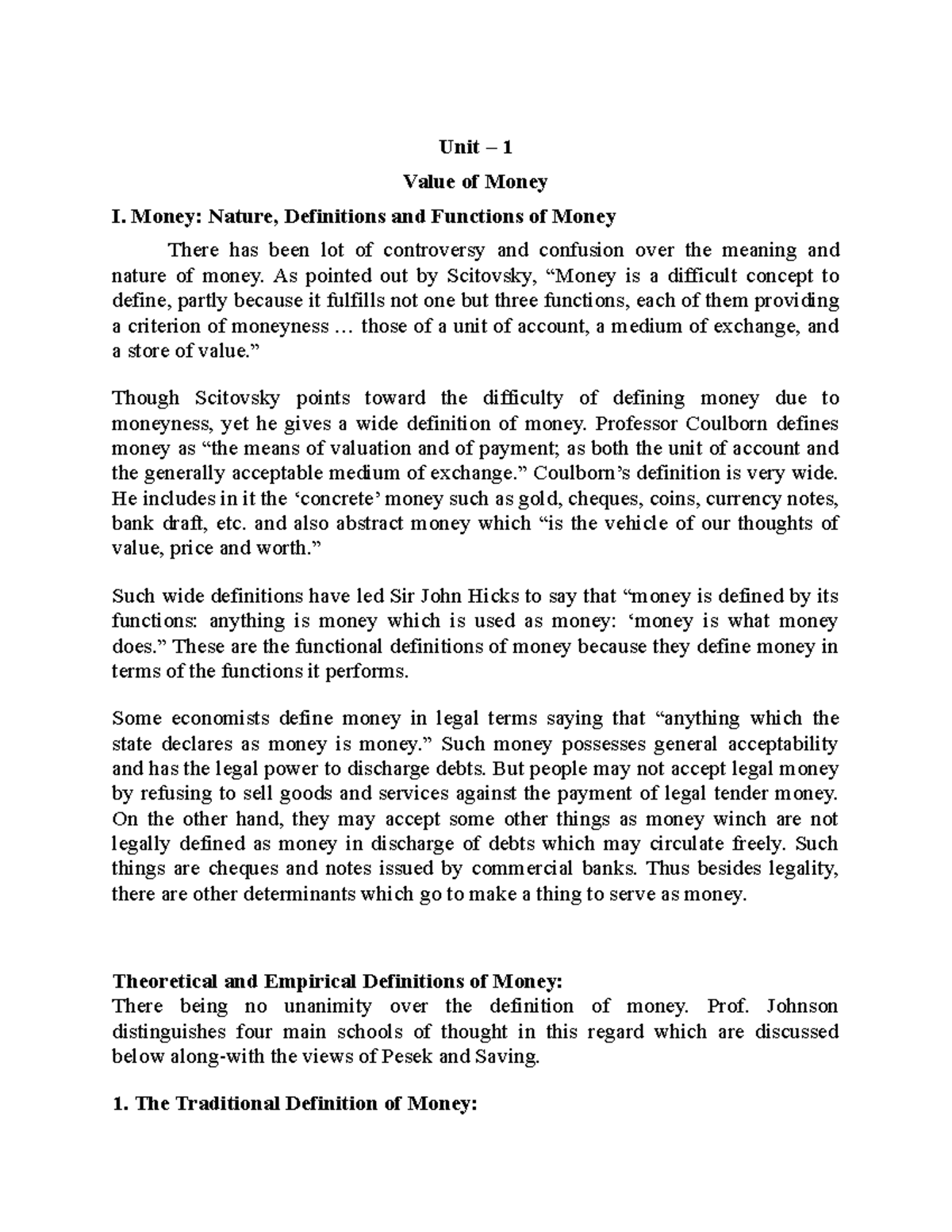 Unit 1 notes - Good - Unit – 1 Value of Money I. Money: Nature ...