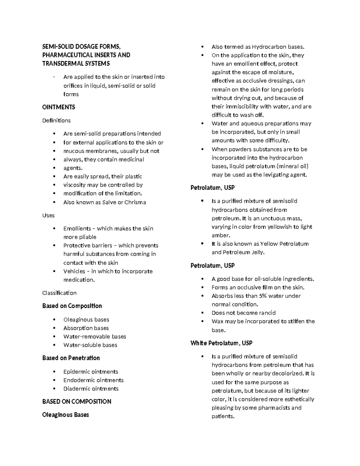 Lecture 6 Ointments - SEMI-SOLID DOSAGE FORMS, PHARMACEUTICAL INSERTS ...