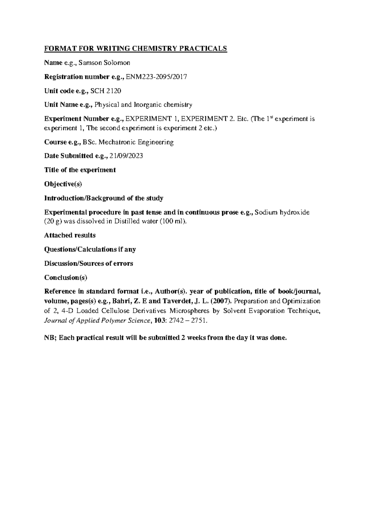 Format for writing chemistry practicals - FORMAT FOR WRITING CHEMISTRY ...