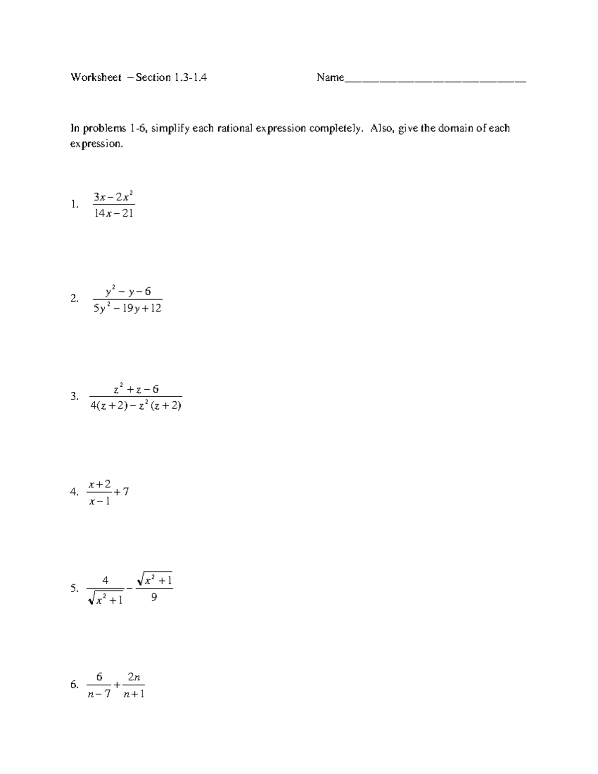 WS 1 (1 - Worksheet 1 - MATH 120R - Worksheet Section In problems ...