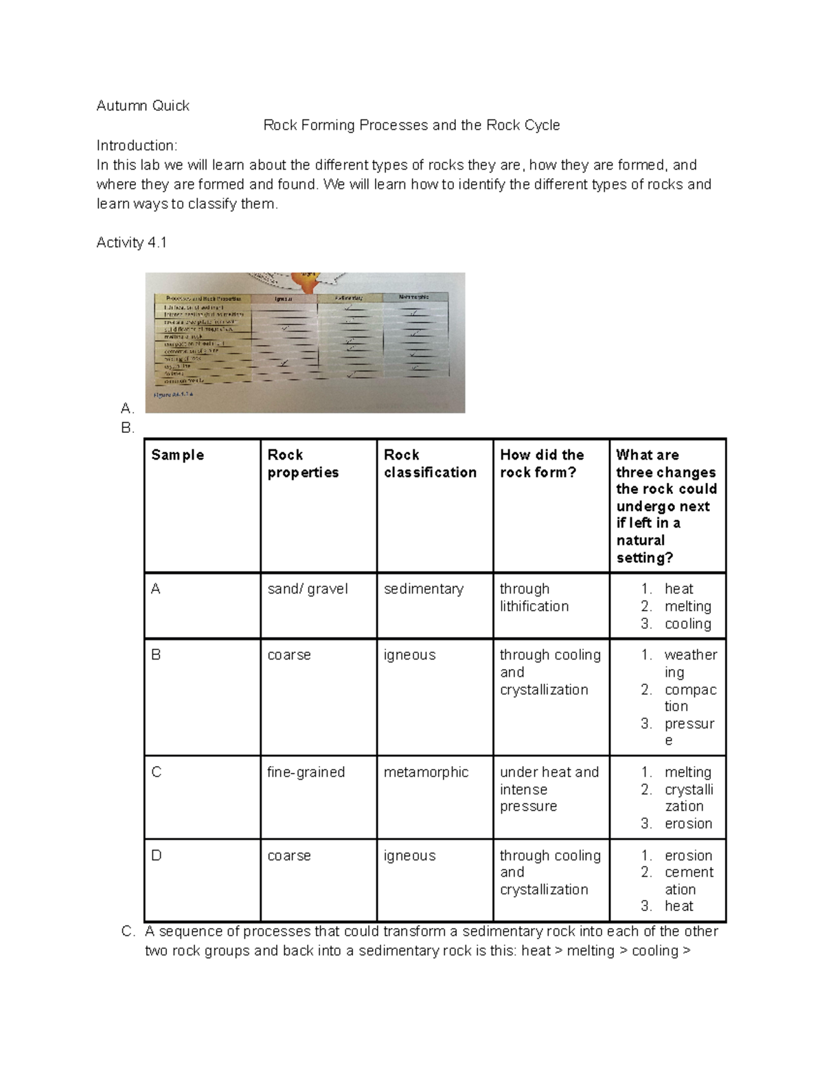 Lab 4 - Lab 4 - Autumn Quick Rock Forming Processes and the Rock Cycle ...
