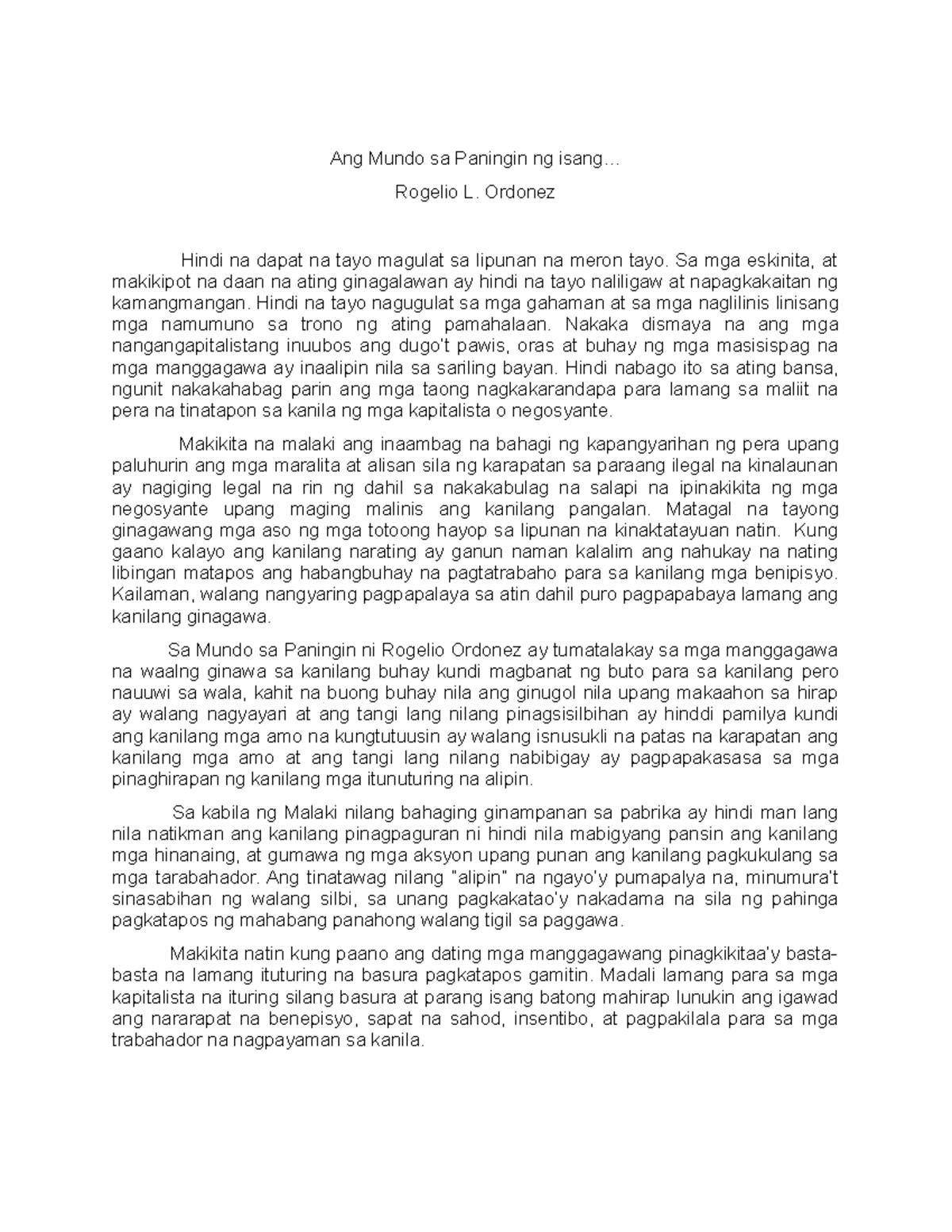 ASSIGNMENTS FOR FILIPINO SUBJECT - Ang Mundo sa Paningin ng isang ...