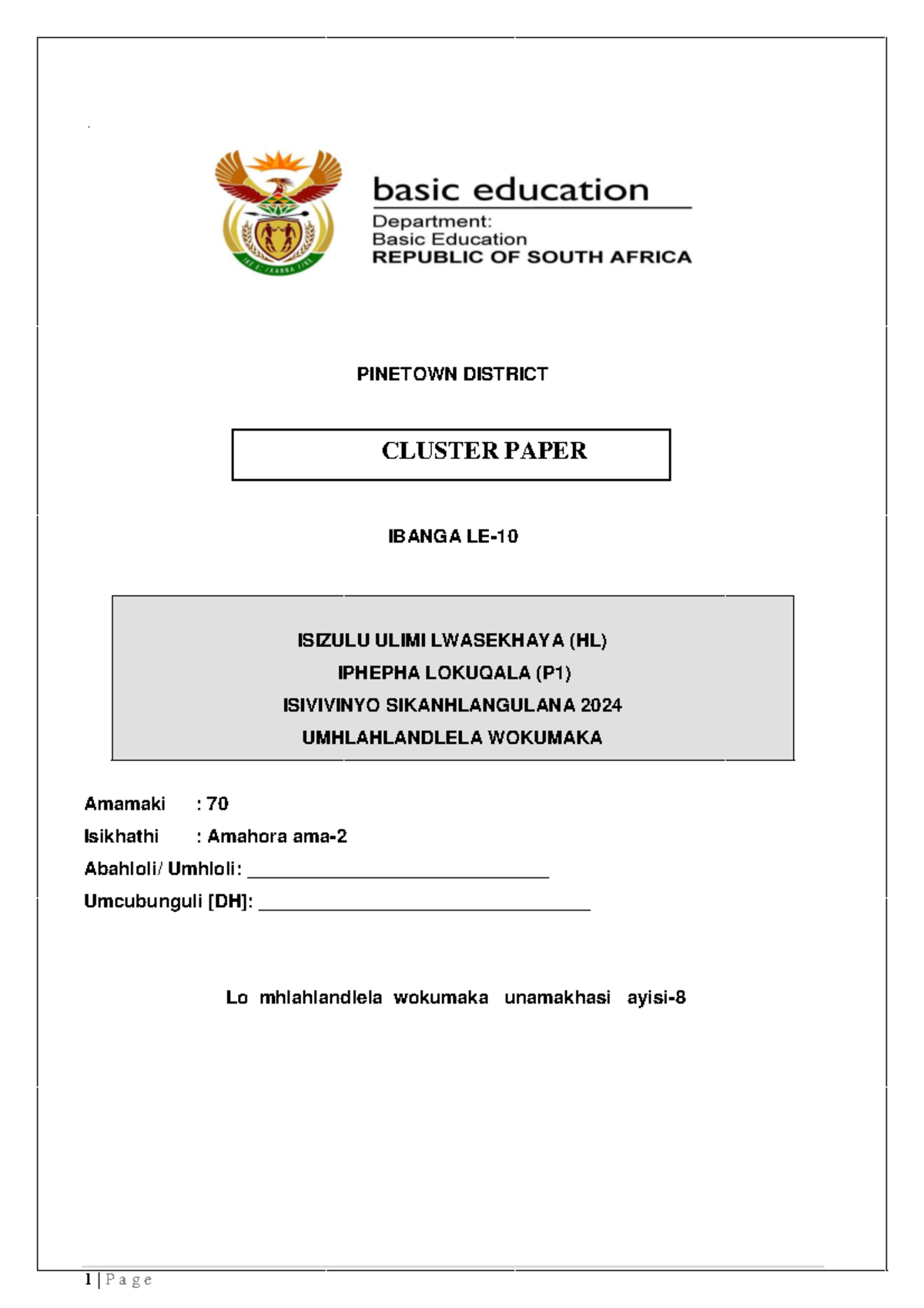 Grade 10 JUNE 2024 MEMO - Vhcxff - PINETOWN DISTRICT IBANGA LE- Amamaki ...
