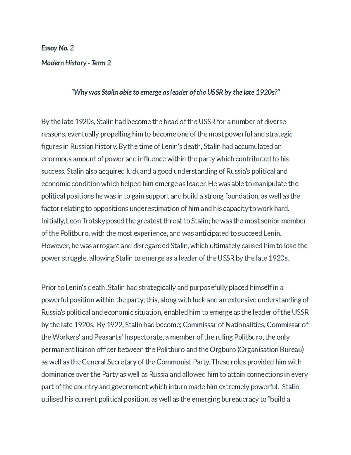 Essay No. 2 - Modern History - Essay No. 2 Modern History - Term 2 "Why ...