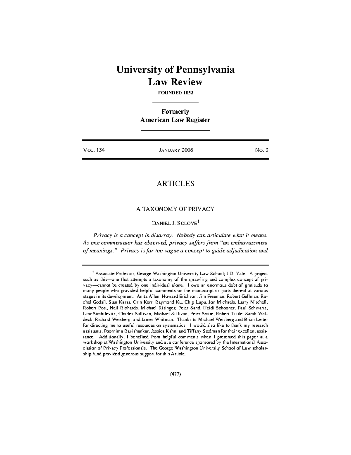 3. Taxonomy of Privacy DJ Solove - (477) University of Pennsylvania Law Review FOUNDED 1852 ...