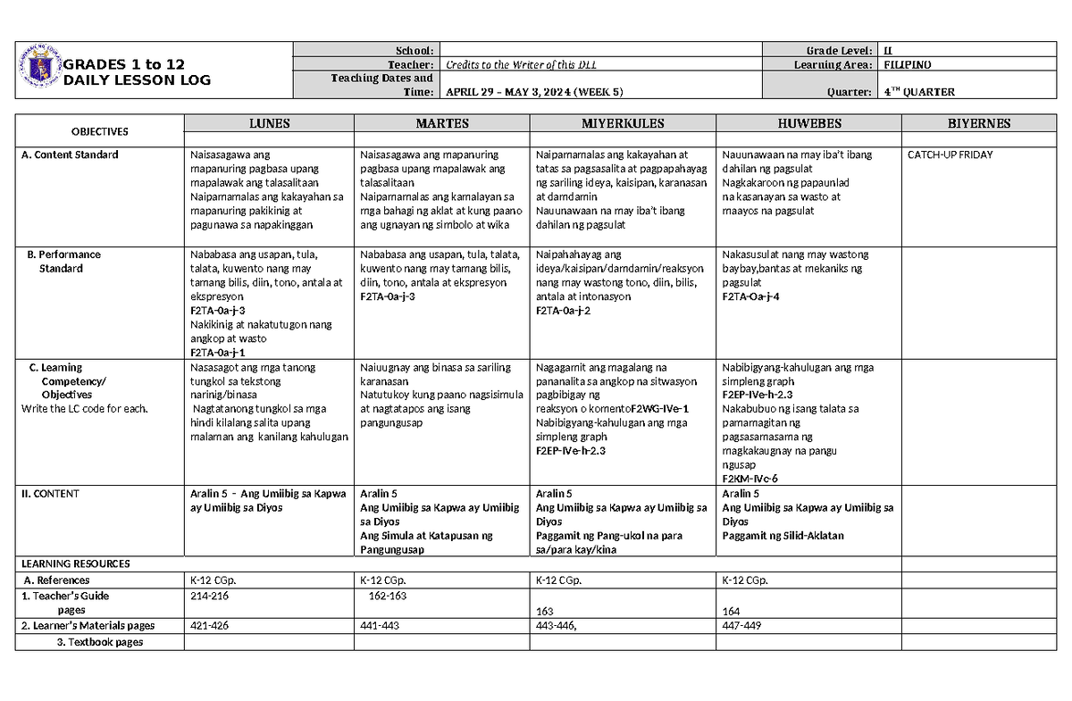 DLL Filipino 2 Q4 W5-1 - Samples - GRADES 1 to 12 DAILY LESSON LOG School: Grade Level: II ...