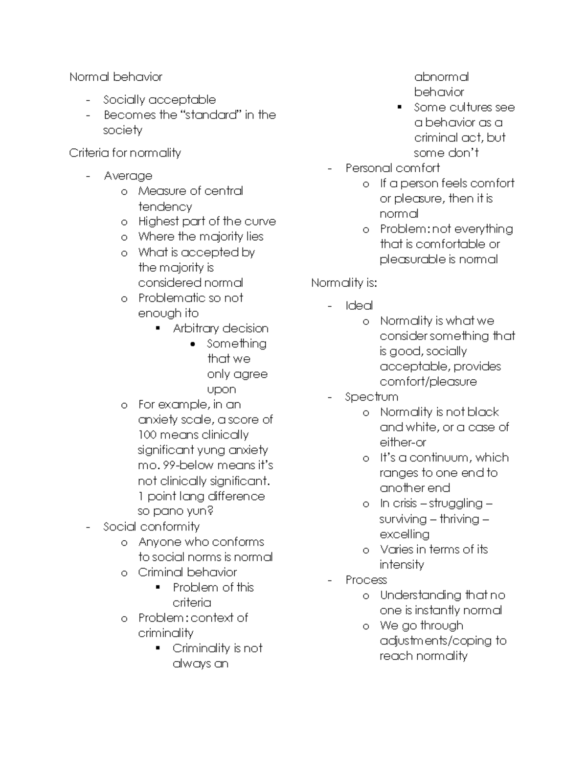 Abnormal Psychology (Rough notes) - Normal behavior Socially acceptable ...