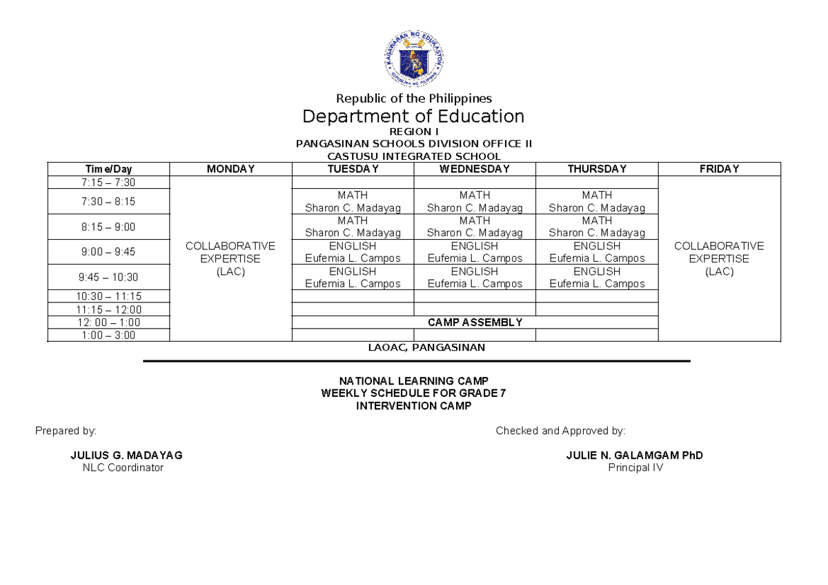 NLC Class Program G7 G10 - Department of Education REGION I PANGASINAN ...