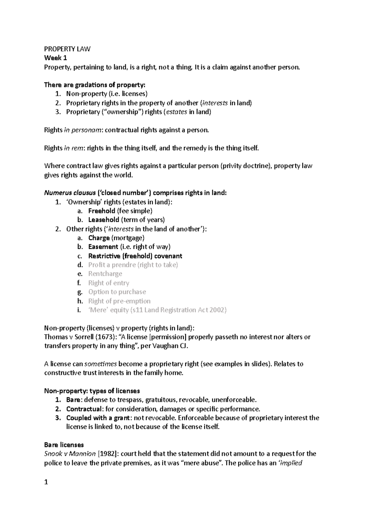 Property LAW Notes - PROPERTY LAW Week 1 Property, pertaining to land ...