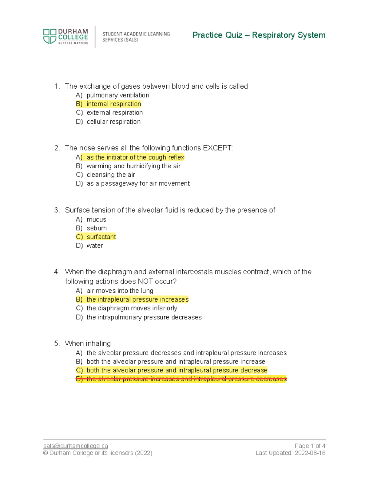 Respiratory System Quiz - sals@durhamcollege Page 1 of 4 1. The ...
