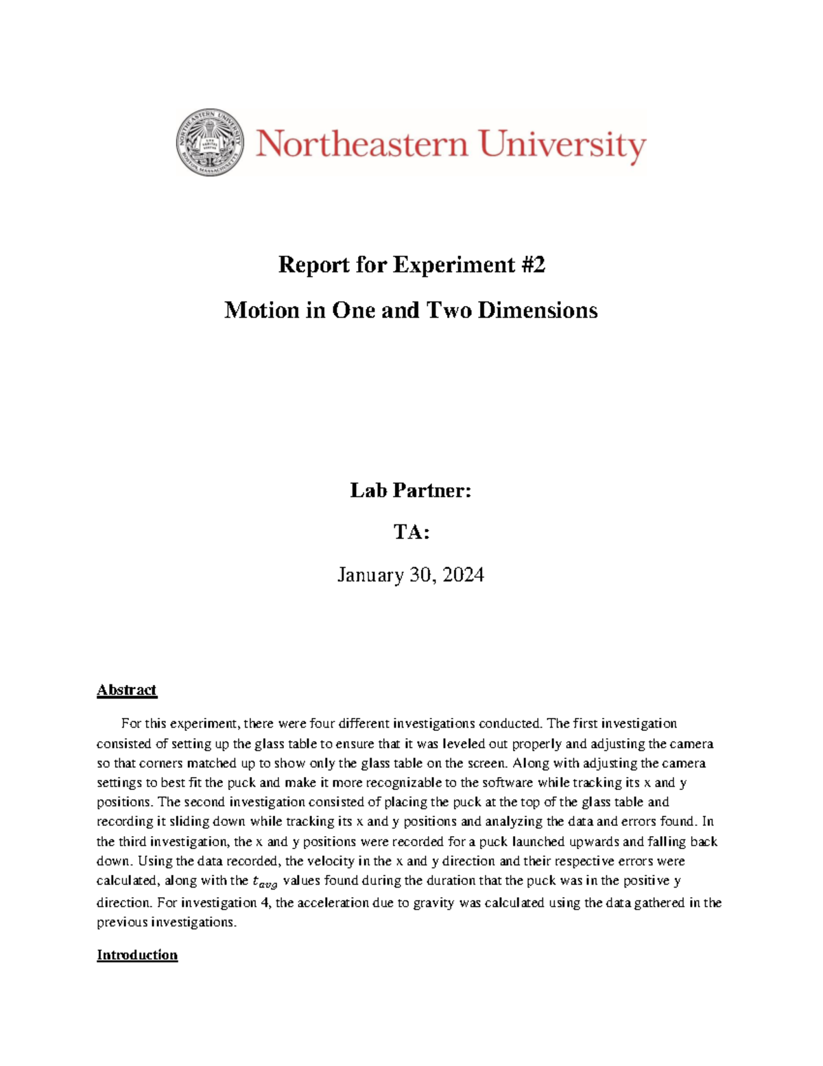 Lab Report #2 - 95/95 - Report for Experiment # 2 Motion in One and Two ...