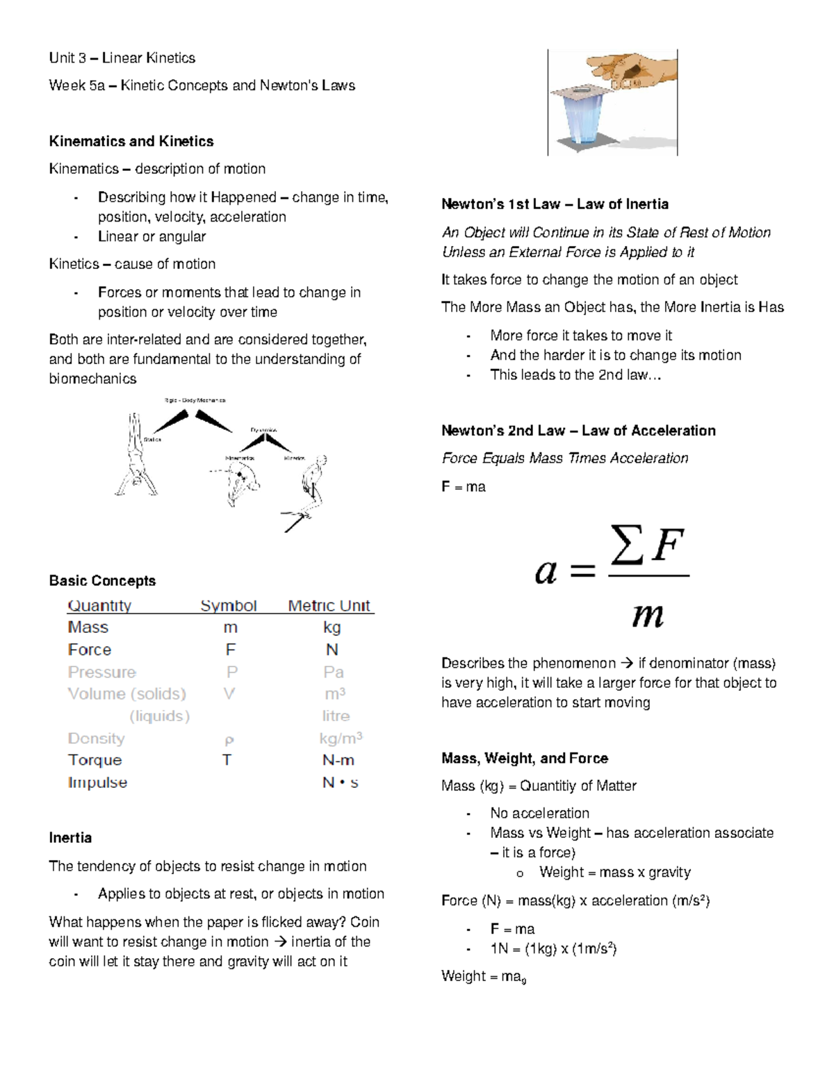 U3 Biomechanics - Newton's Law - Unit 3 – Linear Kinetics Week 5a ...