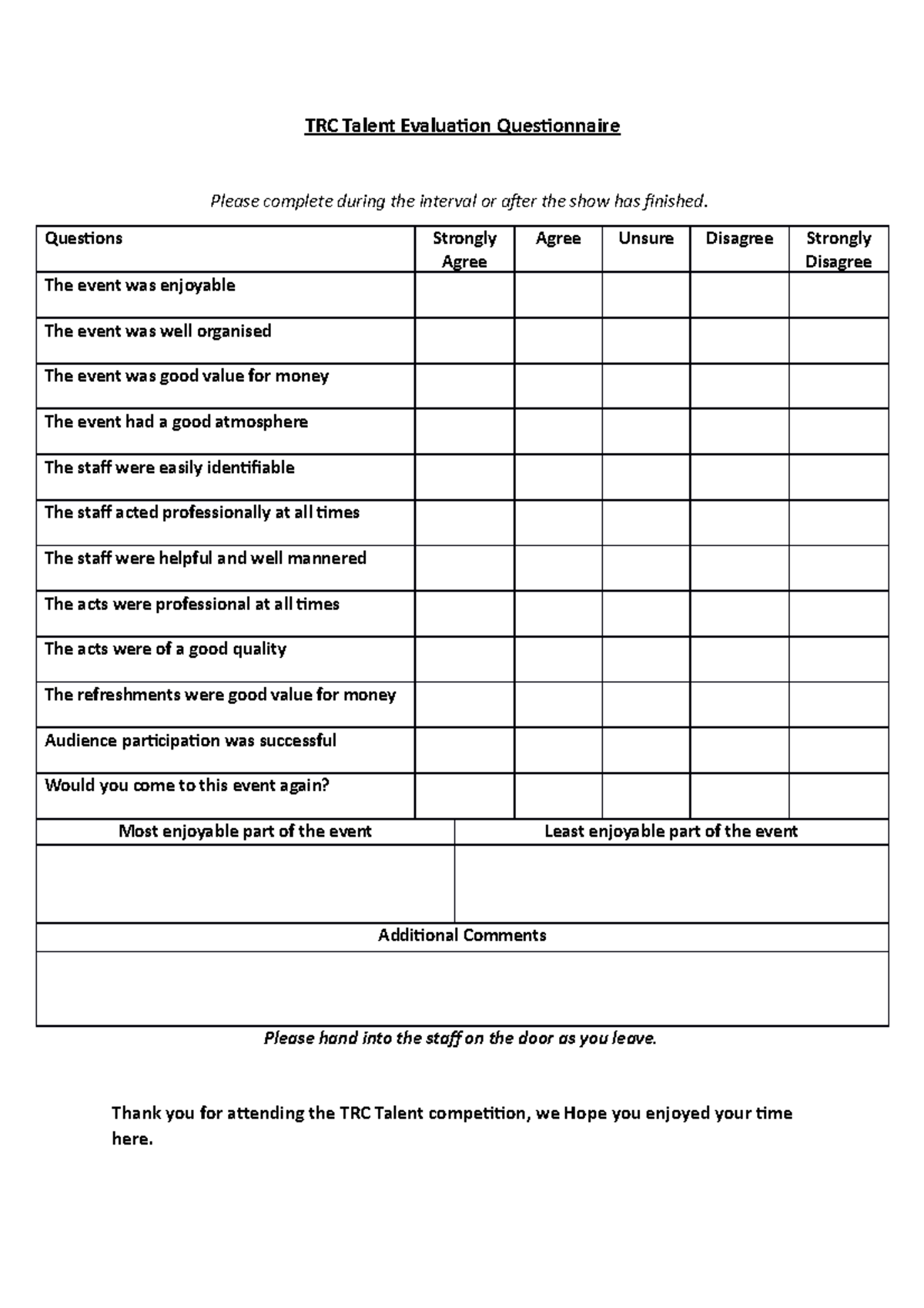 7.3 Evaluation Questionnaire - TRC Talent Evaluation Questionnaire ...