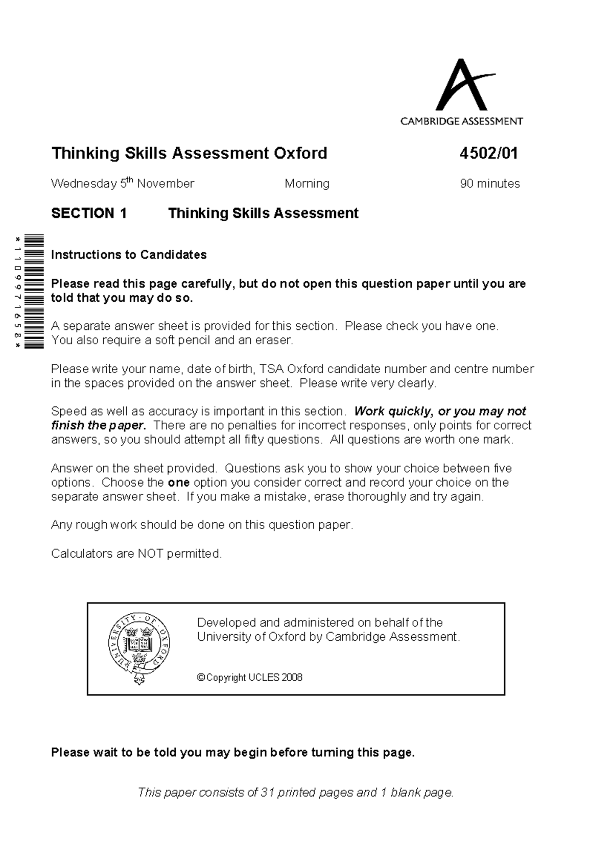 Exams - Thinking Skills Assessment Oxford 4502/ Wednesday 5th November ...