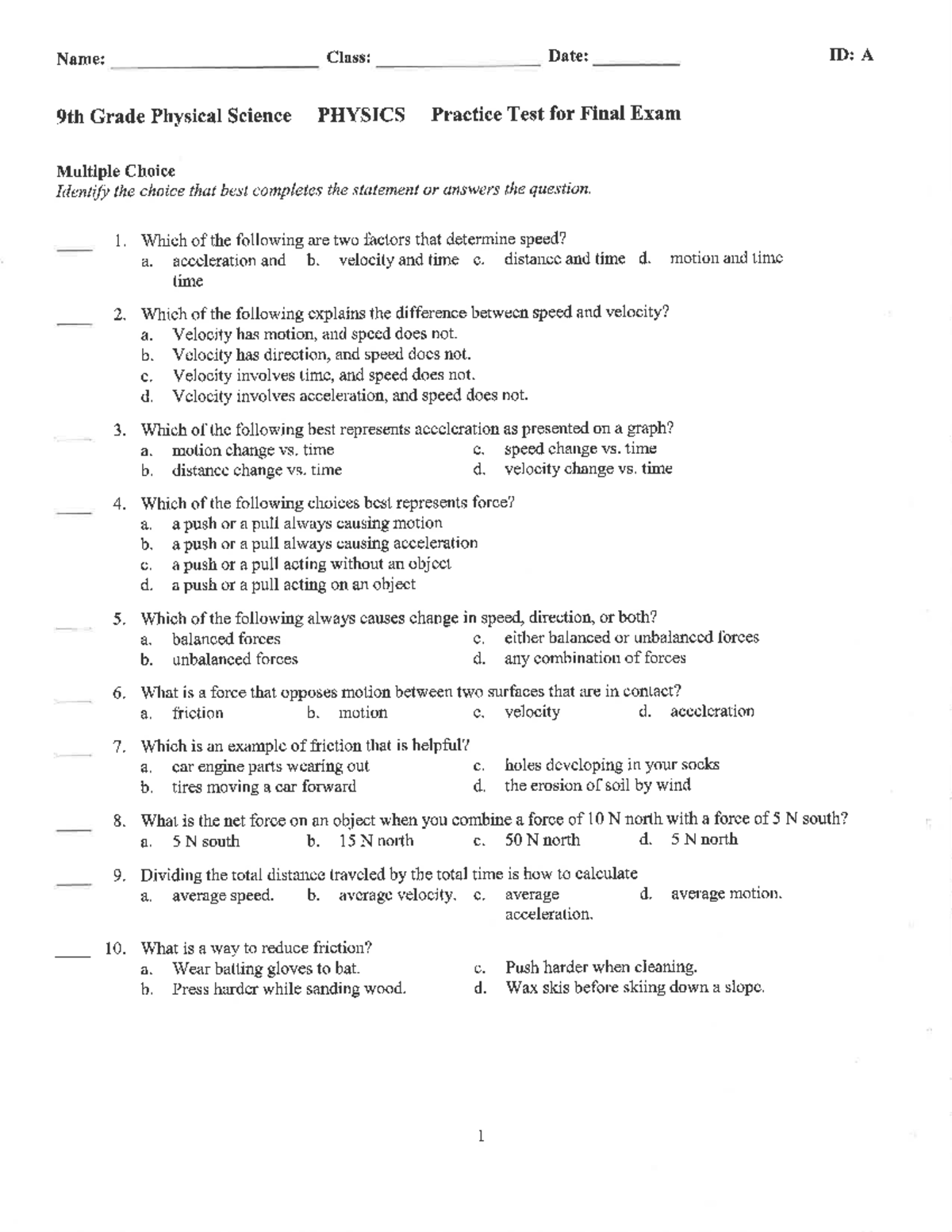 Sem physics Multiple Choice Practice Test and KEY - Name: Class: Date ...