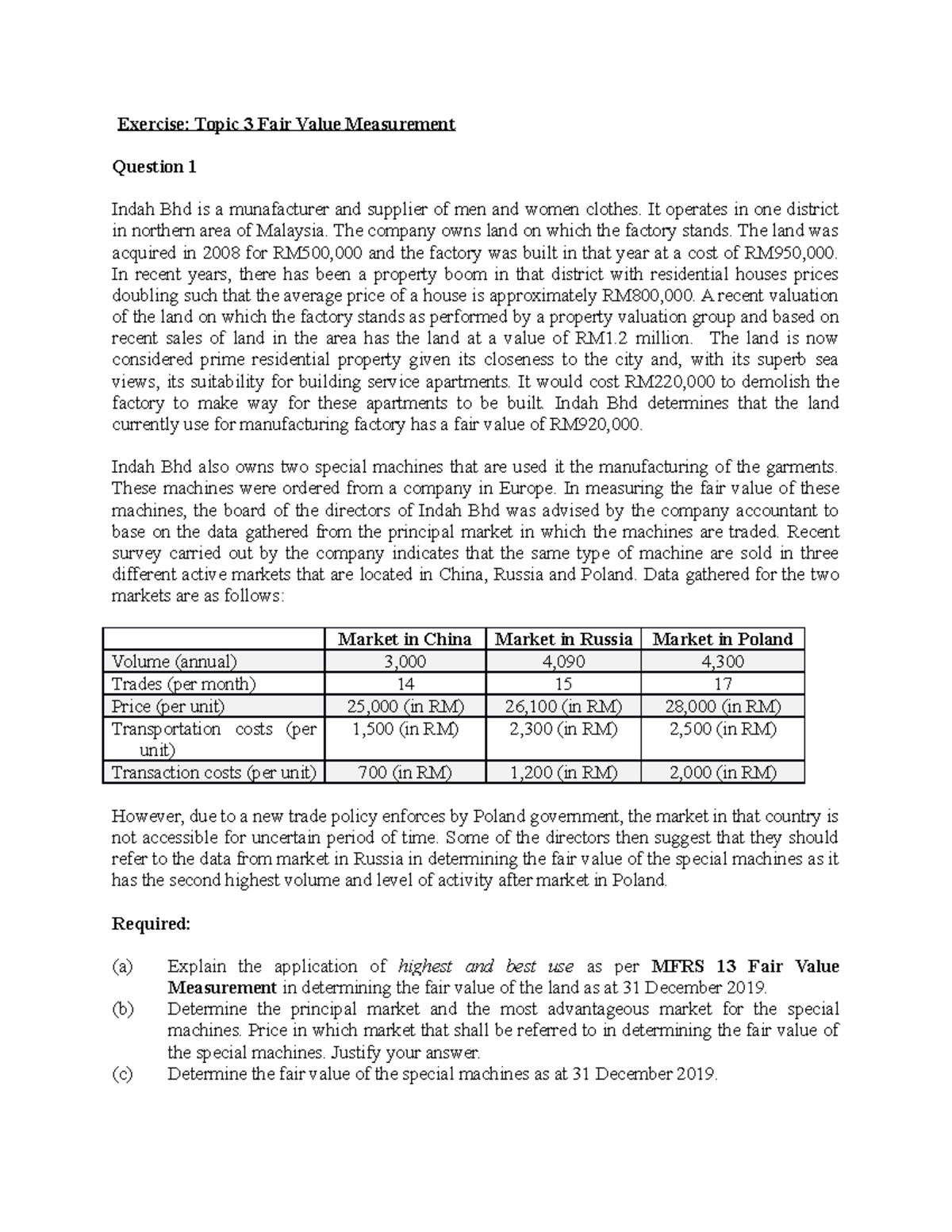 Exercise Topic 3 FV measurement - Exercise: Topic 3 Fair Value ...