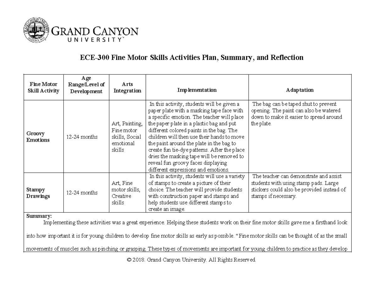 ECE-300-Fine Motor Plan - ECE-300 Fine Motor Skills Activities Plan ...